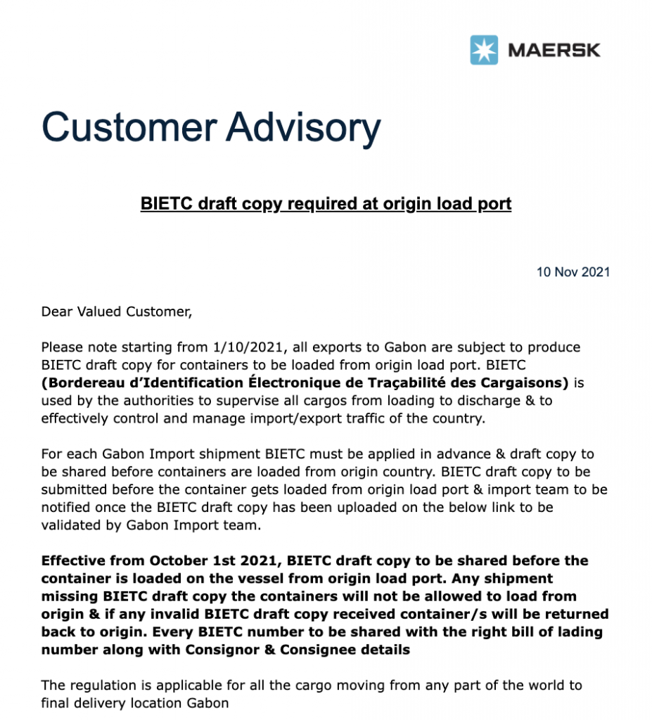 船公司关于加蓬BIETC的最新通知 - 众标标准 INTEGRATED STANDARD